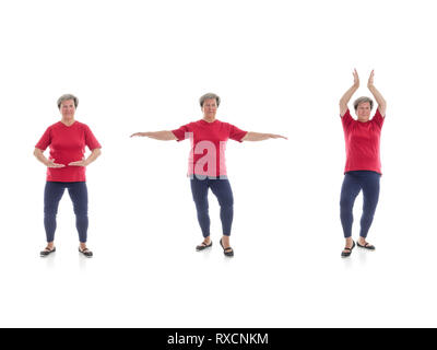 Series of basic Tai chi forms performed by older woman shot on white ...