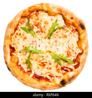 A top shot of delicious crusty Italian pizza with meat and green olives ...