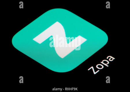 A close-up shot of the Zopa app icon, as seen on the screen of a smart ...