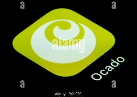 A close-up shot of the Ocado app icon, as seen on the screen of a smart ...