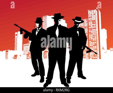 Mafia boss with machine gun stands in front of skyline of a city with ...