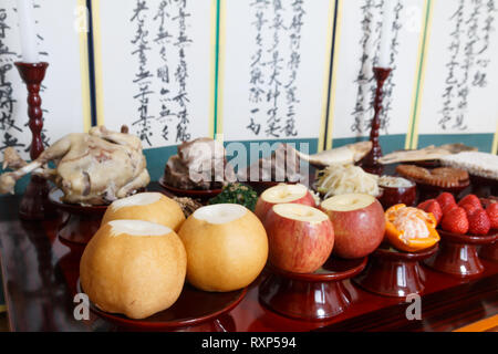 Seoul, Korea - Feb 5 2019: Table setting with various fruits and foods ...