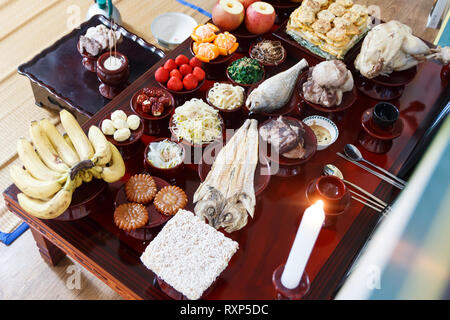 Seoul, Korea - Feb 5 2019: Table setting with various fruits and foods ...