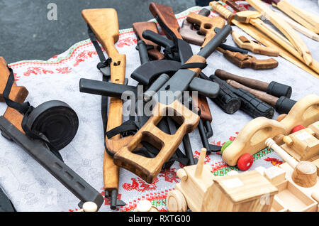 Different handmade wooden toy guns, pistols for children Stock Photo ...