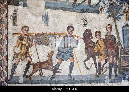 Hunters with a wild boar. Roman mosaic floor of the Room of The Small ...