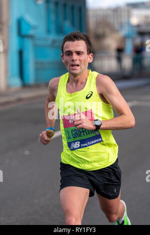 Josh Griffiths racing in the Vitality Big Half half marathon crossing ...