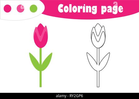 Tulip in cartoon style, coloring page, spring education paper game for ...