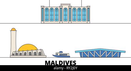 Maldives line cityscape, flat vector. Travel city landmark, oultine ...
