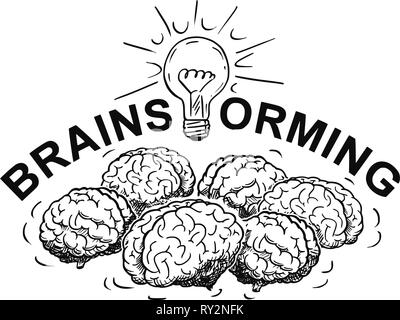 Cartoon of Group of Human Brains Thinking Together During Brainstorming ...