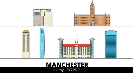 Manchester skyline and landmarks silhouette, black and white design ...