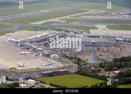Aerial view of Edinburgh Airport, runway and control tower Stock Photo ...