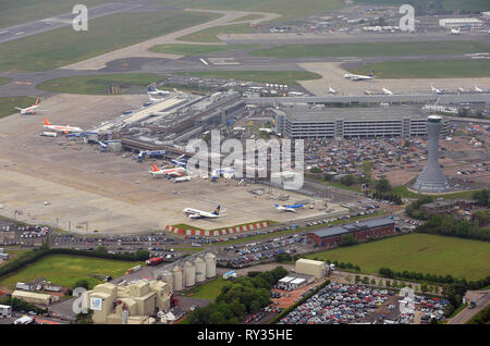 Aerial view of Edinburgh Airport, runway and control tower Stock Photo ...