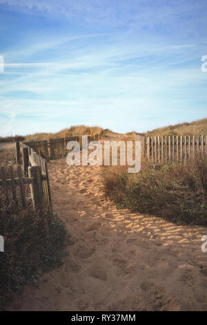 Path to the beach through the dunes surrounded by a wood fence at the ...