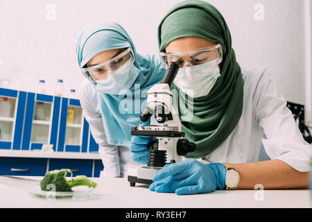 female muslim scientists using microscope and clipboard during ...