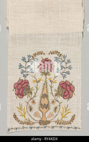 Linen sash embroidered in silk thread with allegorical motifs of the ...