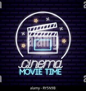 Clapperboard neon light icon. Time code slate. Glowing sign with ...