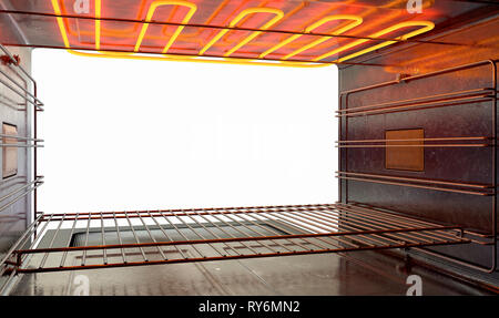 A view from inside a hot operational household oven looking out the ...