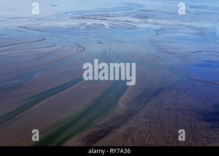 Aerial view of tideways and sandbanks in the North Sea in summer ...