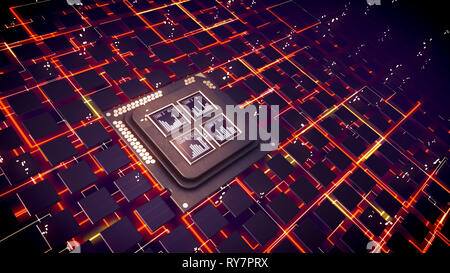 Advanced 3d illustration of CPU squares with bar charts glittering ...