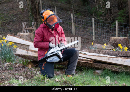 A woman using a chainsaw to cut a tree branch Stock Photo - Alamy