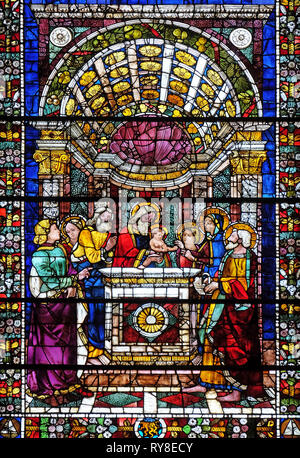 A stained glass window in Santa Maria del Mar church in Barcelona ...