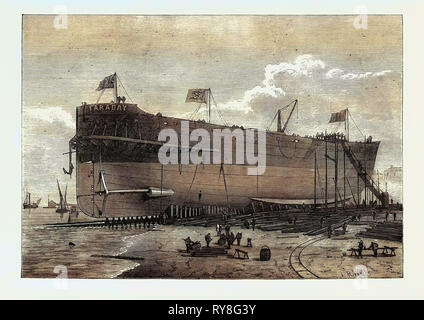 Launch of the Faraday, telegraph cable ship, 1874. 'A large iron steam ...