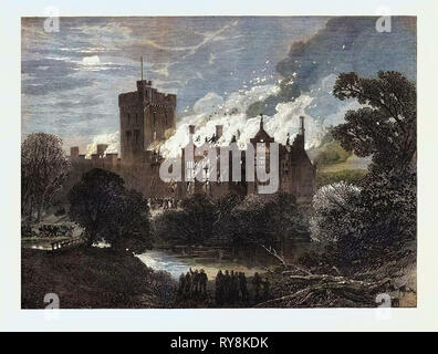 Fire at Greystoke Castle, Cumberland, 1868. 'The fire which...destroyed ...