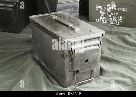 A green military storage box for ammunition. Green box from the war ...