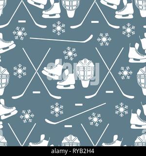 Seamless pattern with skates, goalkeeper mask, hockey stick, ice hockey ...