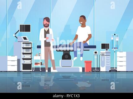 Patient on operating table. Cartoon operation theater under surgical ...