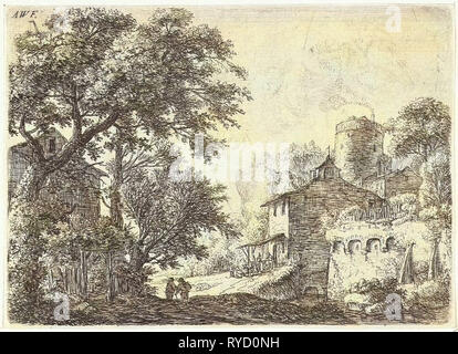 City wall with an inn, Anthonie Waterloo, 1630 - 1663. Reimagined by ...