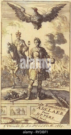 Roman emperor with scepter and globe, above him an eagle flies with a ...