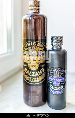 Riga Latvia. Bottles of Riga Black Balsam traditional Latvian herbal ...