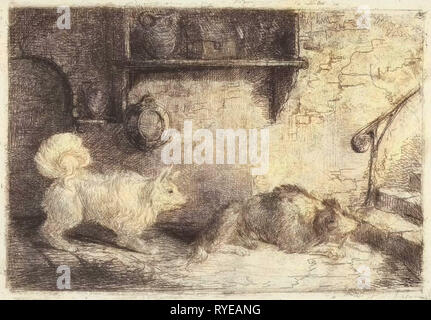 Two dogs, Jan Karel Jacob de Jonge, 1851 print Interior with household ...