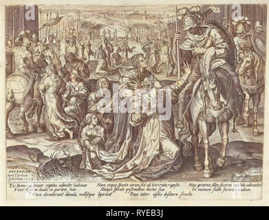 The Sabine women are kneeling at Roman and Sabine soldiers on horseback ...