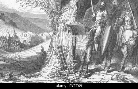 middle ages, knights, robber barons, goods transport robbery, drawing ...