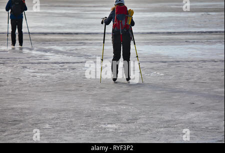 Long distance ice skaters with ice poles on Lake Malaren, Sigtuna ...