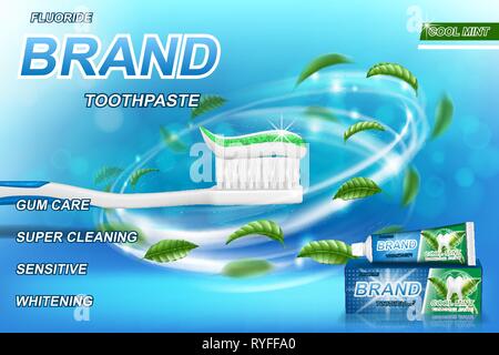 Whitening toothpaste ads, mint leaves background. Tooth model and ...