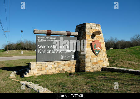 Entrance sign at the Waco Mammoth National Monument in Waco, Texas, USA ...