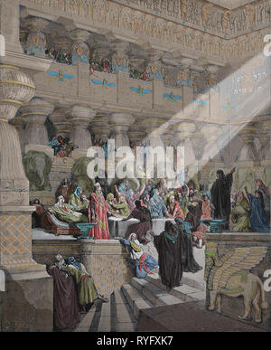 Daniel interprets the writing on the wall. Illustration to Book of ...