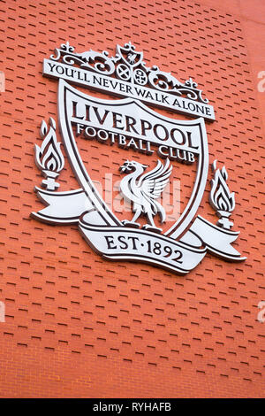 Liverpool badge on The Kop stand during the UEFA Champions League ...