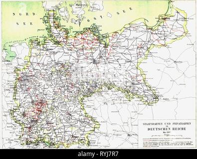 Historical map of German Empire, 1894, state railways and private ...