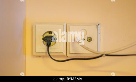 Closer look of the sockets and wires on the wall inside the bedroom ...