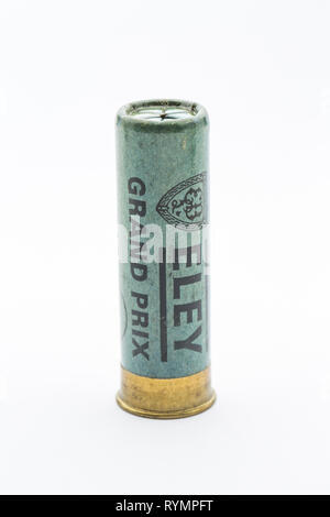 An old Eley Grand Prix 16-bore, or gauge, paper cased shotgun cartridge ...