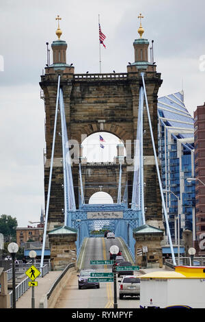 John A. Roebling Suspension Bridge crosses the Ohio River and connects ...
