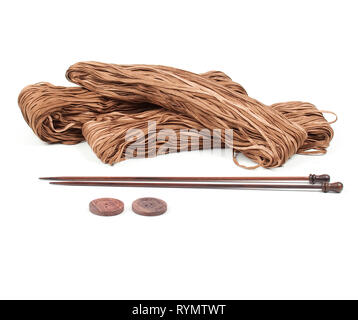 Close-up of knitting wooden knitting needles. Zero waste concept. Hobby ...