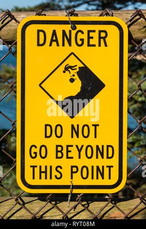 Danger, Do not go beyond this point. Sign at Hartland Quay in Devon ...
