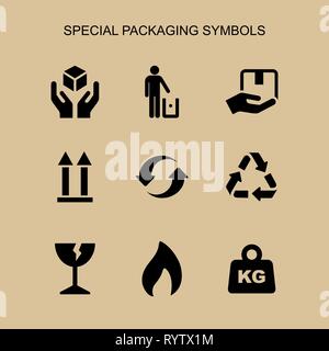 Packaging symbols vector for flammable, fragile, heavy, recycle, keep dry and this side up icons ...
