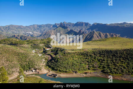 Gran Canaria, February, freshwater reservoir Presa de Candelaria, remains of old hermitage, now ...