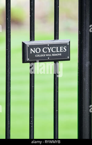 'No cycles' notice on the steel barred fence barrier outside Queens ...